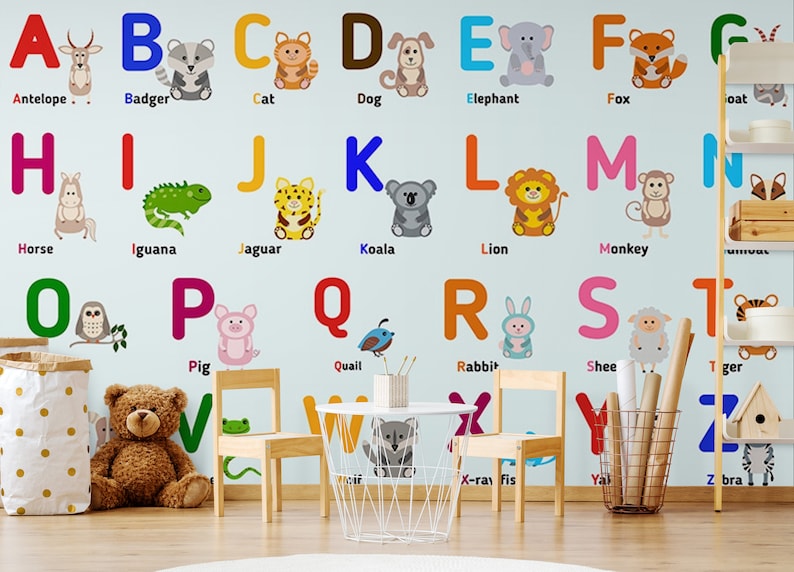 Alphabet Wallpaper Child Room Educational Wallpaper Animal - Etsy