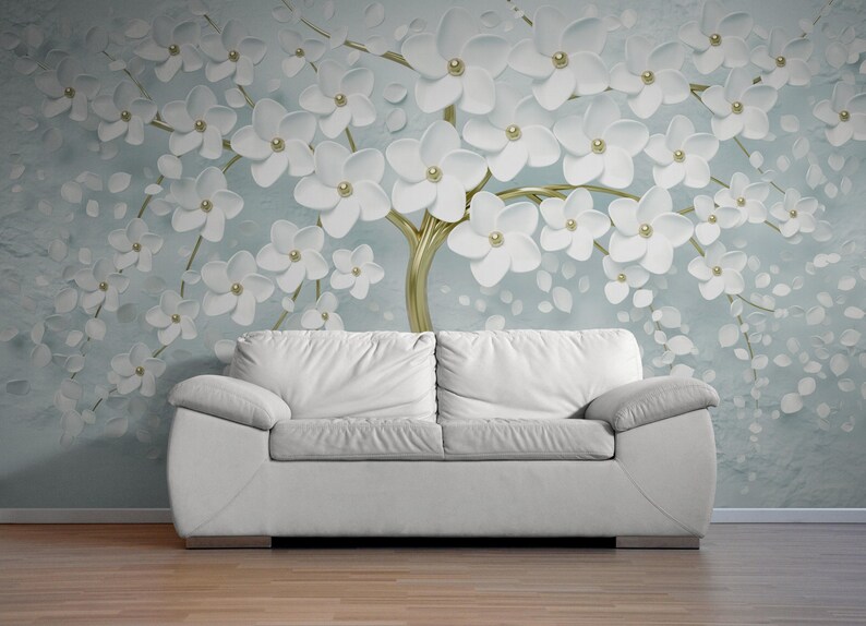 Luxury Floral Tree Wall Mural – White Flower Bedroom Wallpaper ...