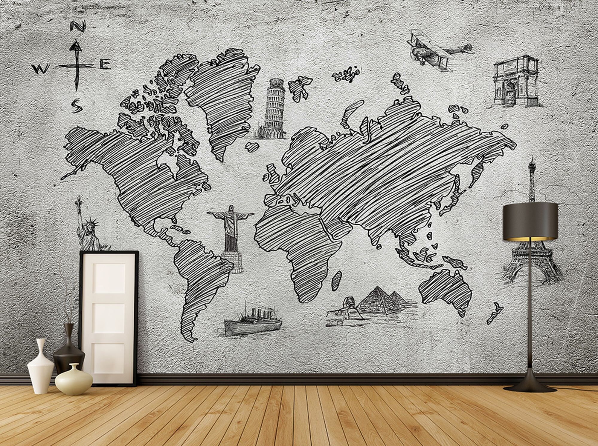 Sketch World Map Wallpaper Hand Painted on Stone Wall Mural - Etsy