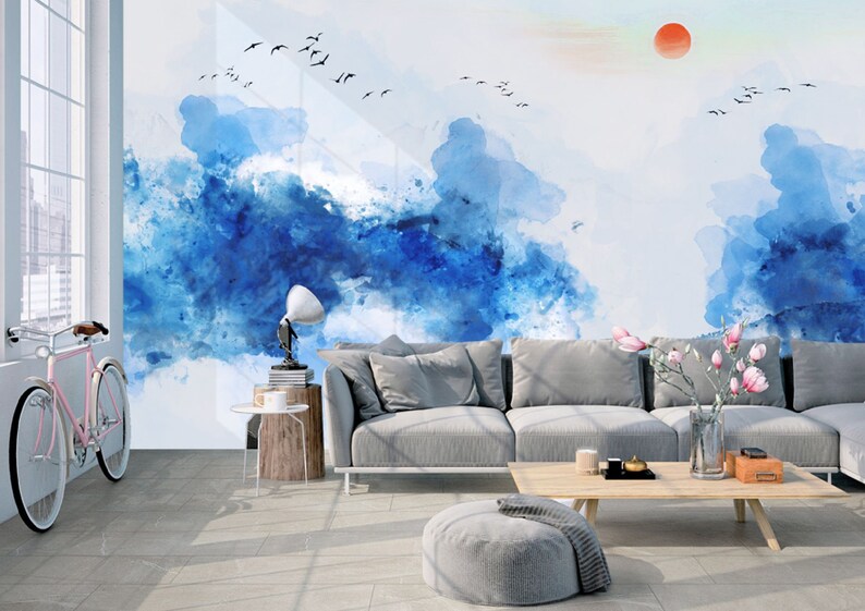 Blue Clouds Abstract Wallpaper Wall Mural Fabric Textile - Etsy