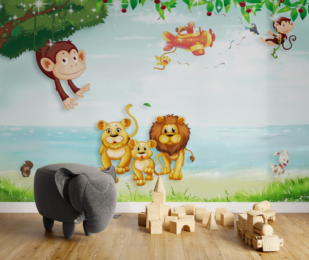 Cute Wild Animals Child Room Wallpaper Wall Mural, Cartoon Colorful ...