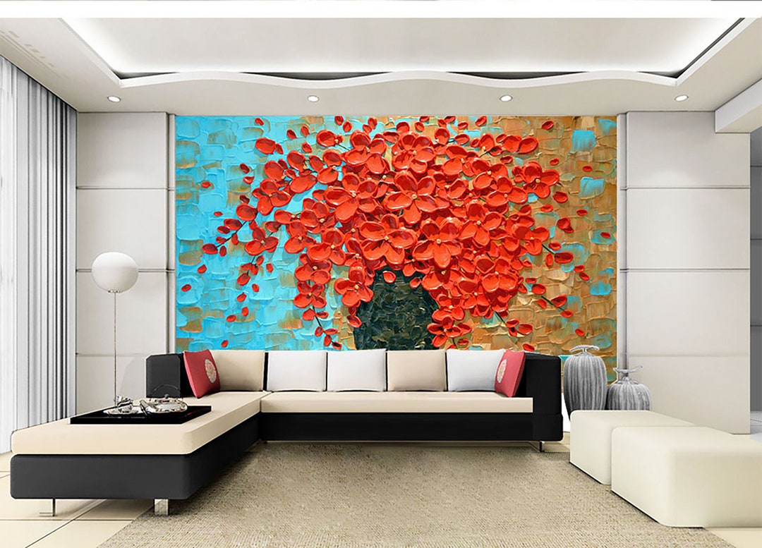 Red Flowers Wallpaper Floral Wall Mural Modern Home Decor for Living ...