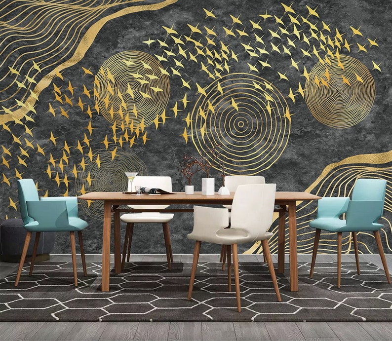 Abstract Golden Birds Wall Mural Flying Birds Wallpaper Home - Etsy