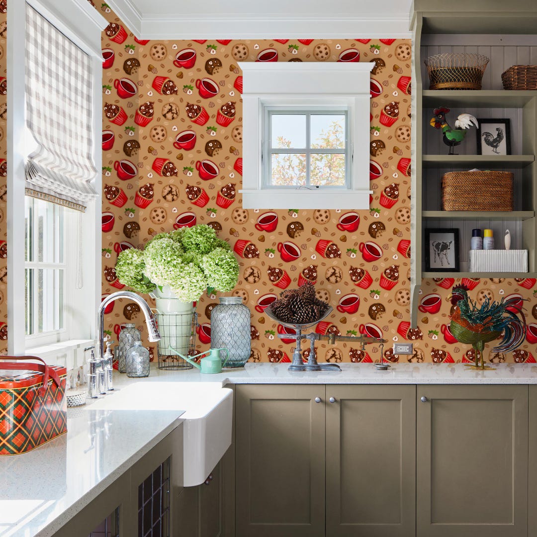 Whimsical Coffee and Cookies Wallpaper, Fun Cafe Wall Mural, Brown ...