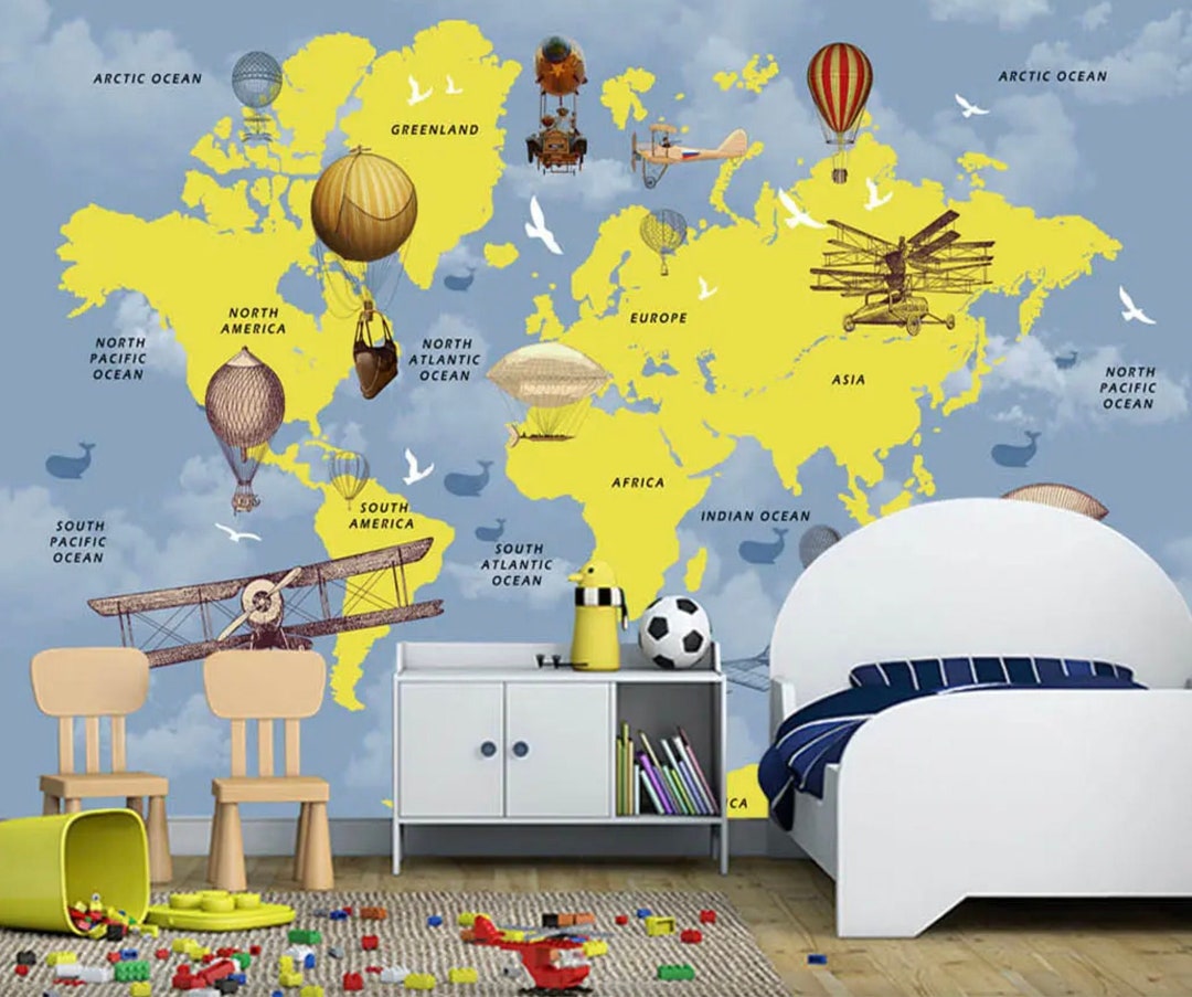 Child Room World Map Wallpaper, World Map Nursery and Child Room Wallpaper, World Map Wall Mural ...