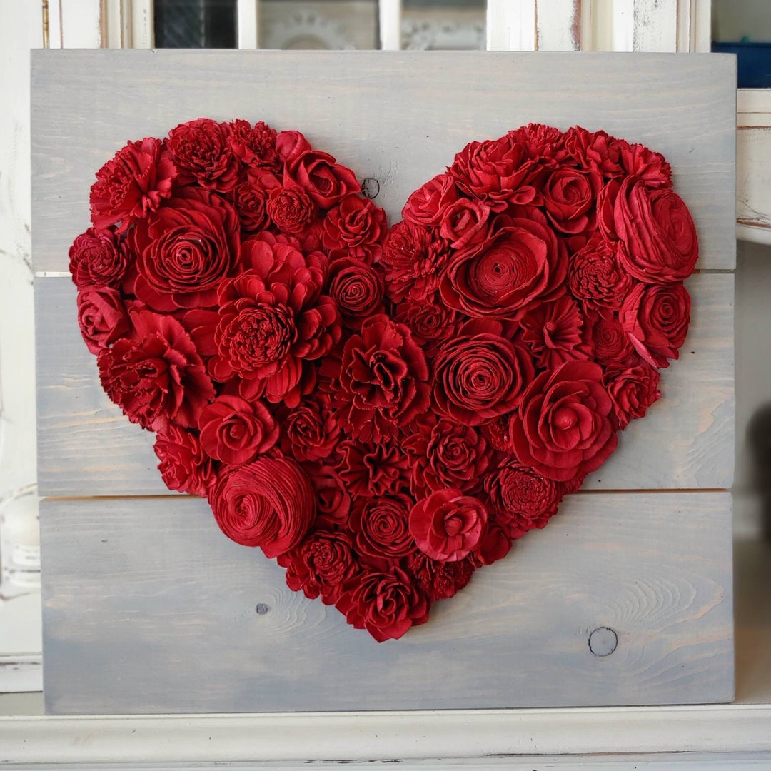 Large Red Wood Flower Heart Board. Sola Wood Flowers, Valentine's Day ...