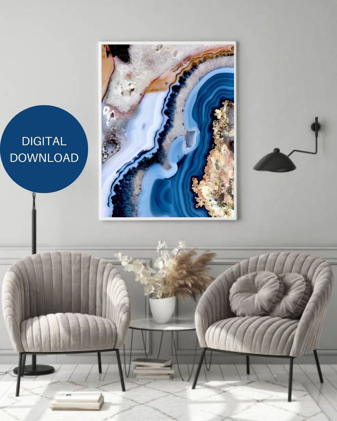 Navy Blue and Tan Agate Geode Printable Wall Art, Geode Home Decor ...