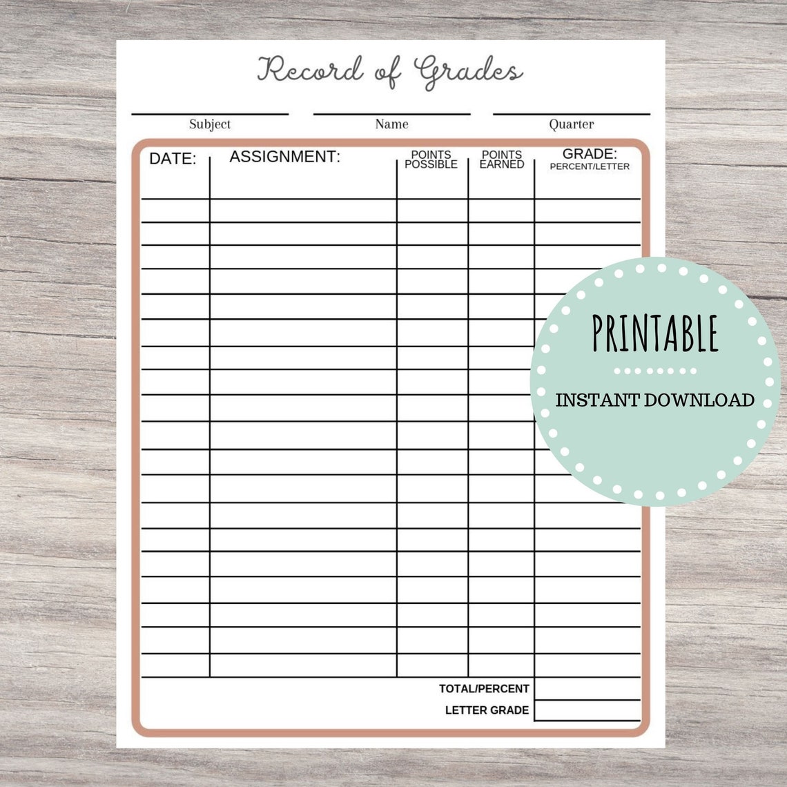 Printable Record of Grades, Teacher Printable, Grading Book Printable ...