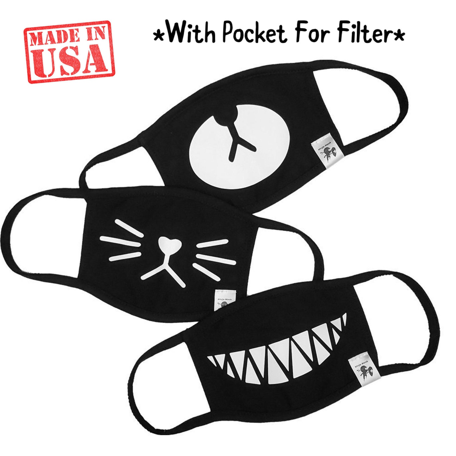 Shark Teeth/ Panda/ Cat Whiskers Face Mask. Washable. Made in Los ...