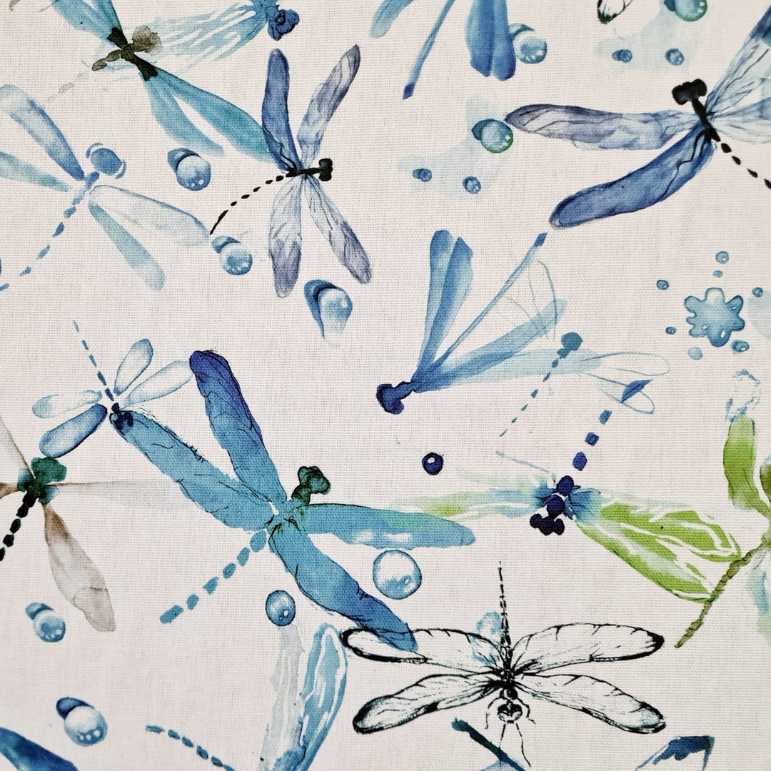 Fabric Cotton fireflies & Waterdrops Dragonflies Blue Green Watercolor ...