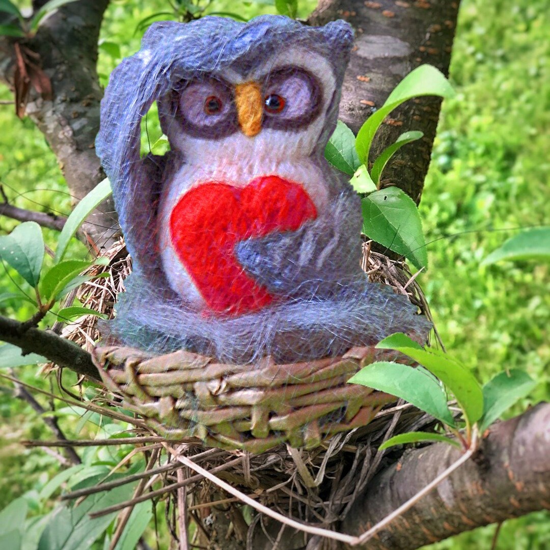 Little Cute Mommy Owl in the Nest With Heart. Felt Cuddly Toy Miniature ...