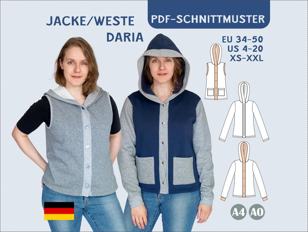 Sweat Jacket Sewing Pattern PDF Women Hoodie Vest No Zipper Beginner ...