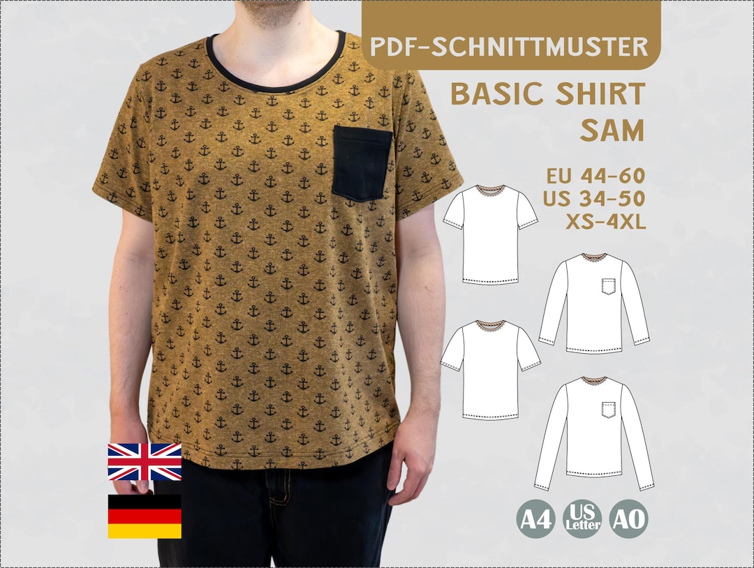 PDF Sewing Pattern Men T Shirt Basic Tee Crew Neck With Pocket Jersey ...