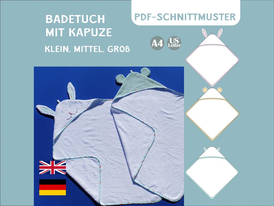 PDF Sewing Pattern Hooded Towel Baby Toddler Kids Ears Bear Bunny Cat ...
