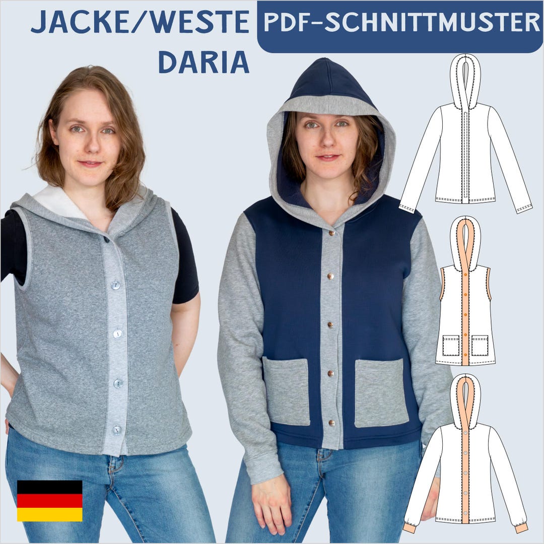 PDF Sewing Pattern Hoodie Vest Jacket Daria With Buttons Snaps Velcro ...