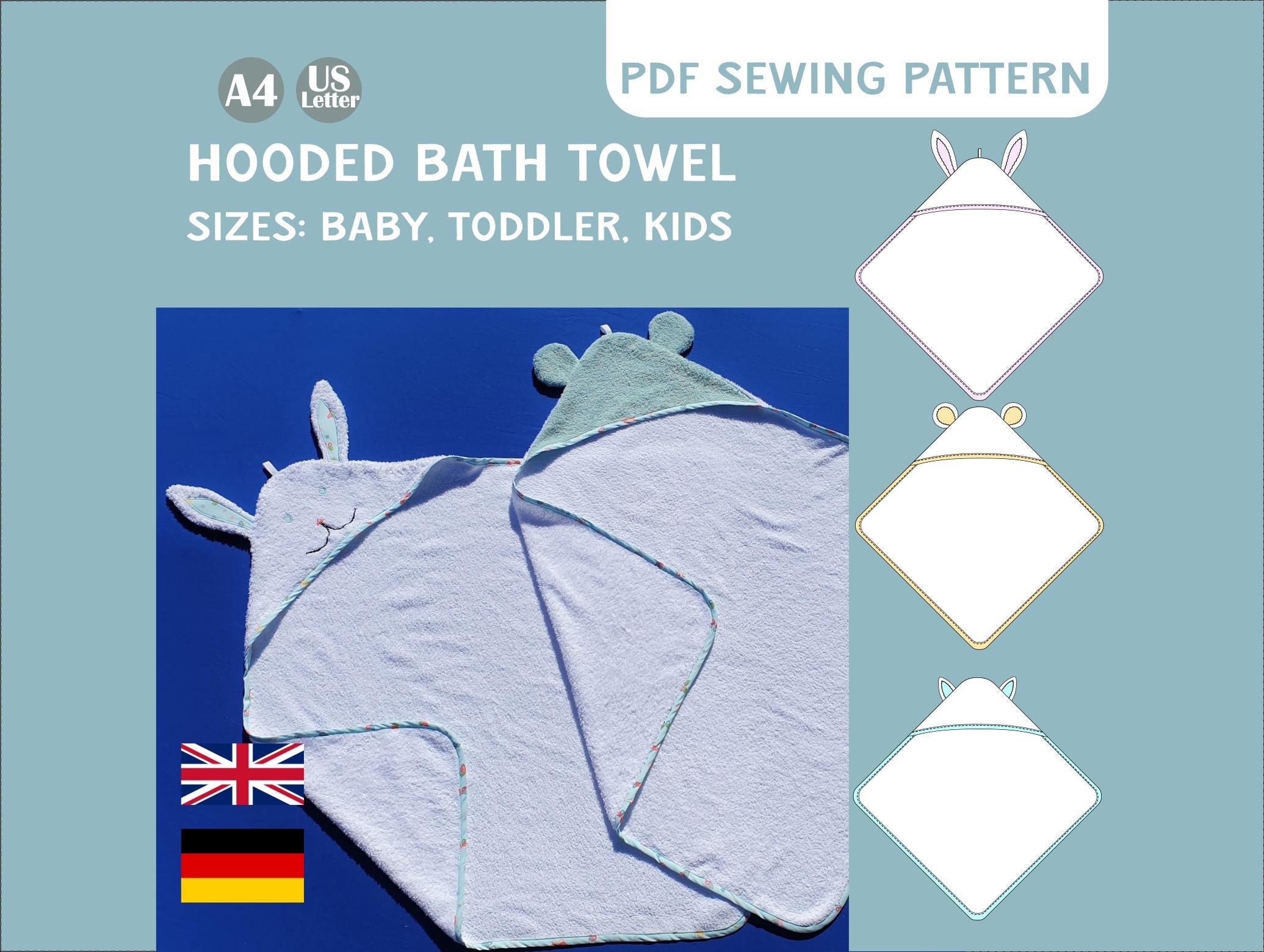 PDF Pattern Hooded Towel With Face and Ears 3 Sizes for Babies Toddlers ...