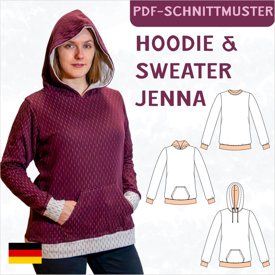 PDF Pattern Basic Hoodie Jenna With Collar Hood Pullover Kangaroo ...