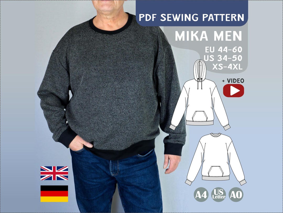 Mens Hoodie Sewing Pattern PDF Oversized Pullover Sweatshirt Long ...