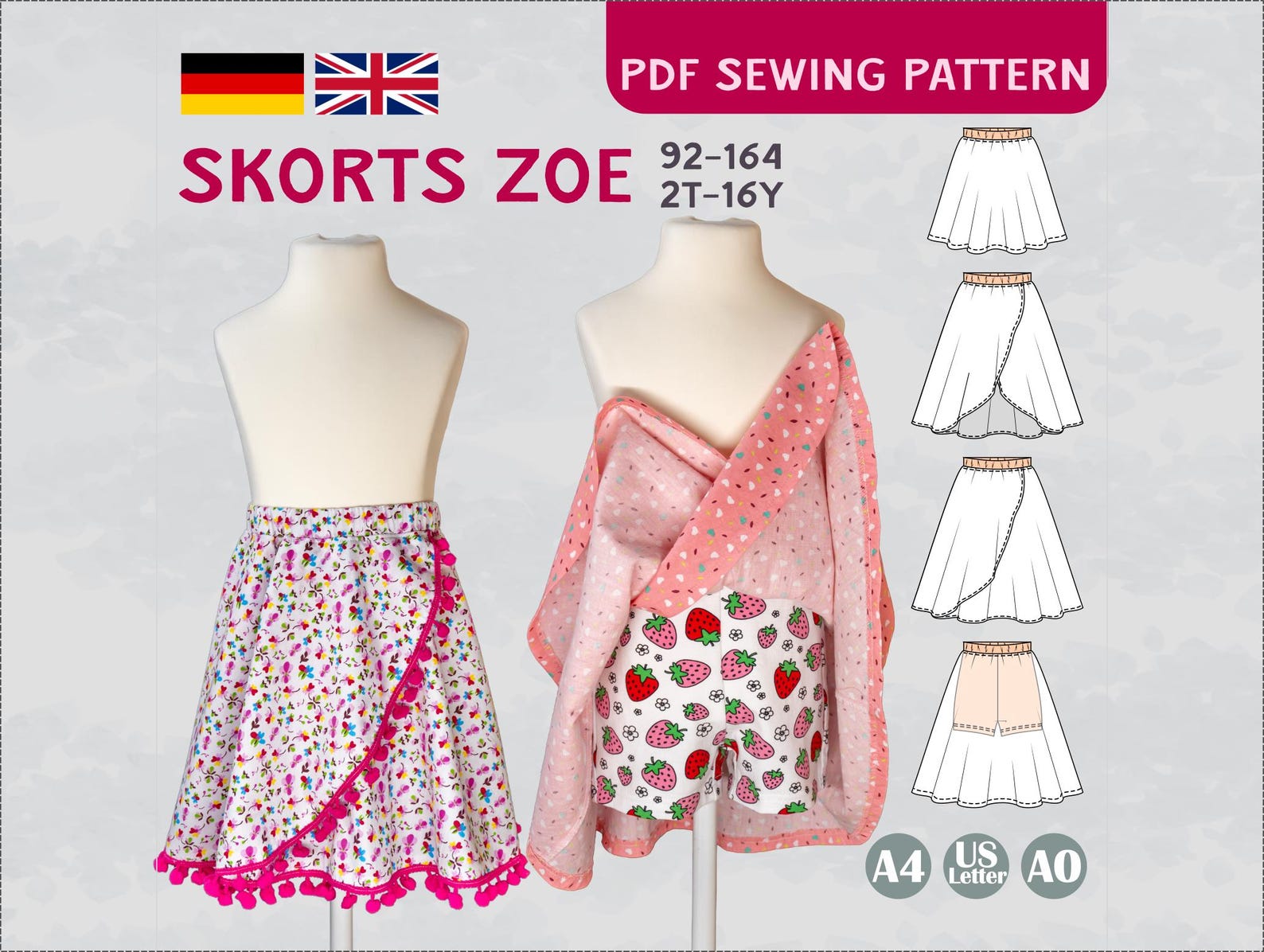Girls Skort Sewing Pattern Zoe Pdf Wrap Skirt Kids Shorts Tennis Skirt ...