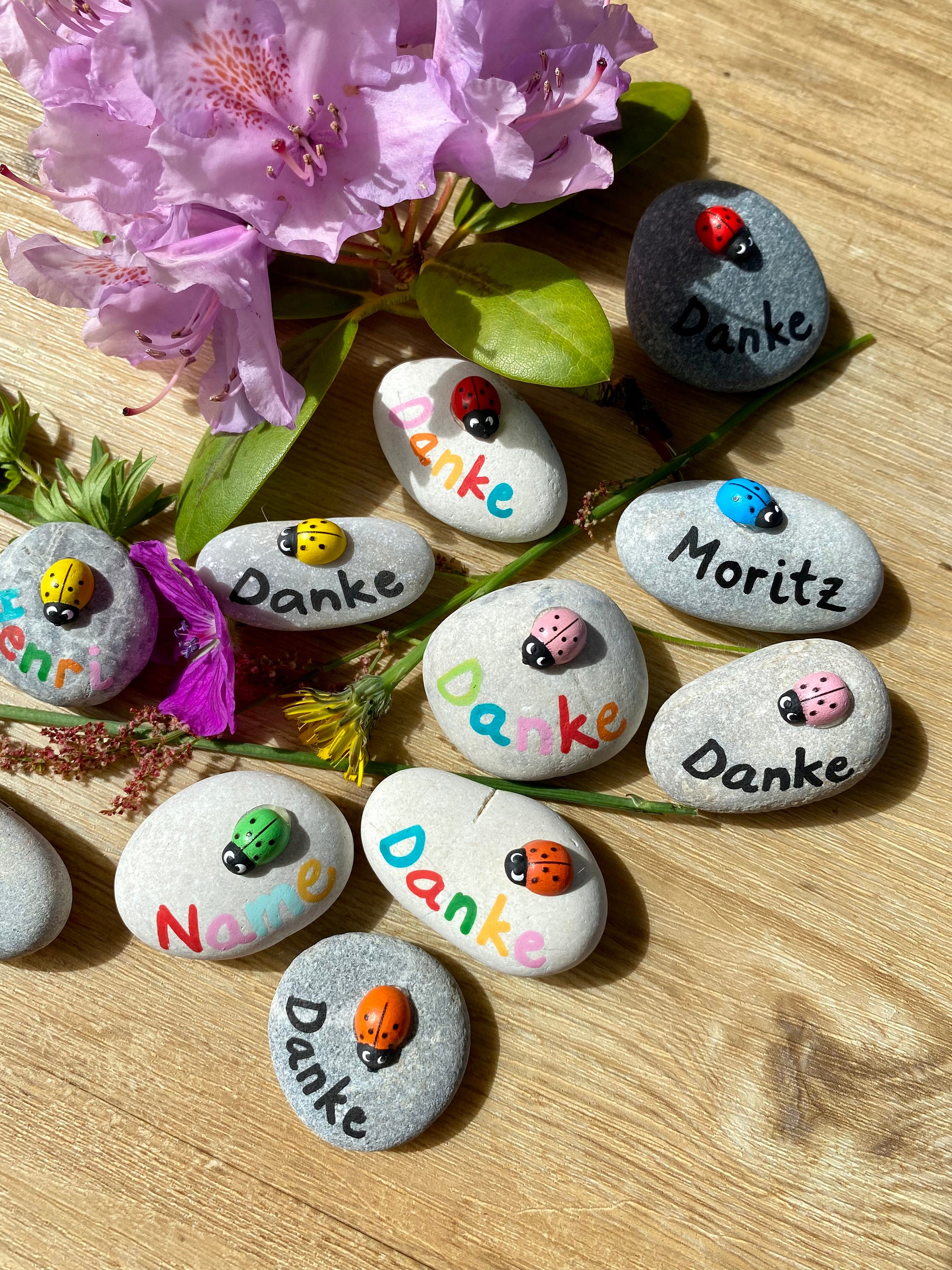 Glücksbringer Stein DANKE oder NAME Glückskäfer bemalt Bunte - Etsy.de