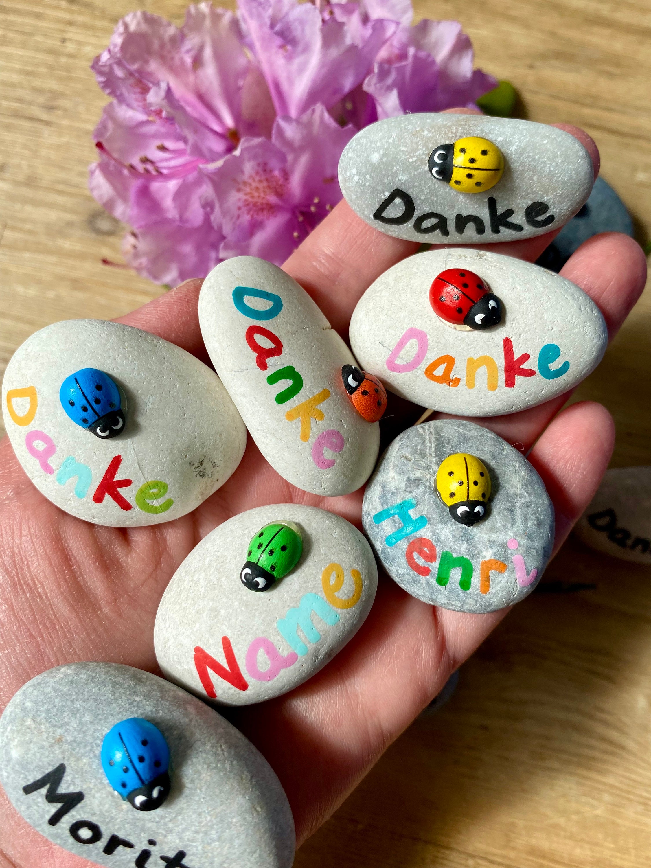 Glücksbringer Stein DANKE oder NAME Glückskäfer bemalt Bunte - Etsy.de