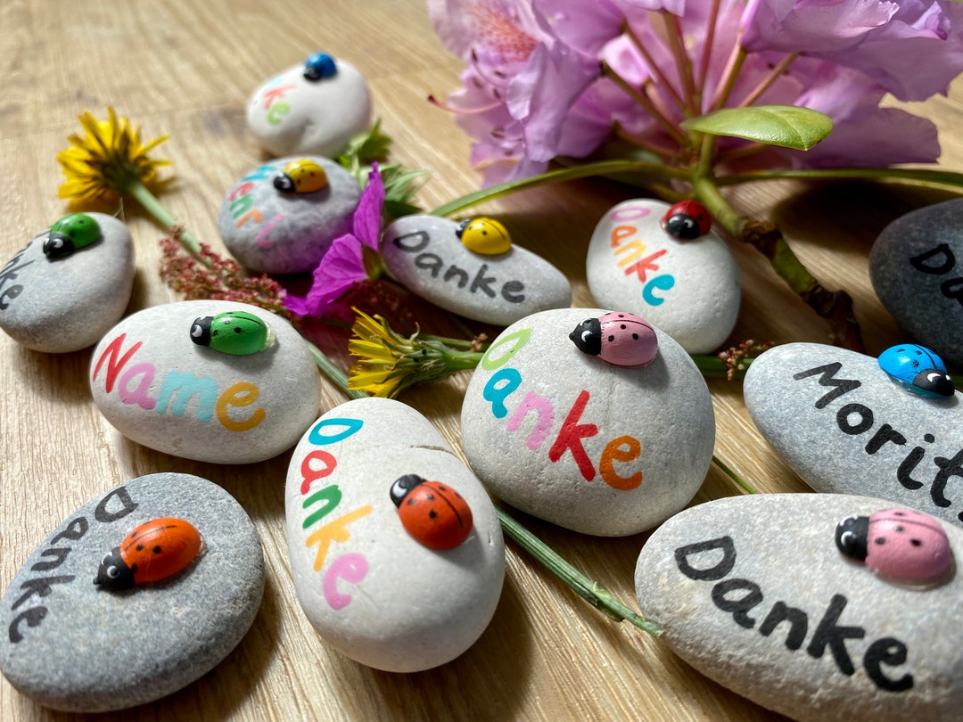 Glücksbringer Stein DANKE oder NAME Glückskäfer bemalt Bunte - Etsy.de