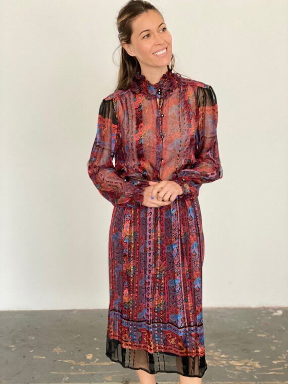 Silk Farm Vintage Red Sheer Paisley Silk Shirt Ruffle… - Gem