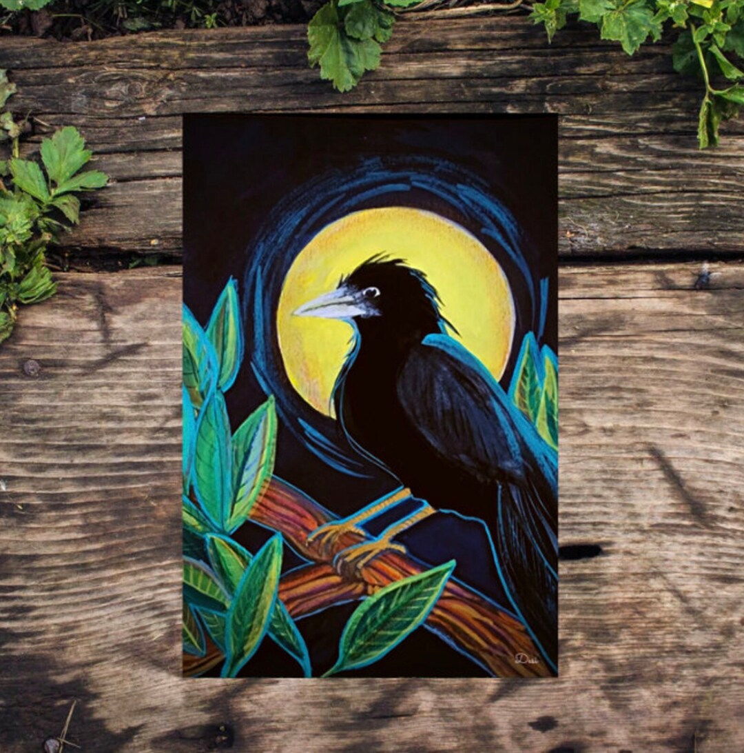 Raven and Full Moon Mini Art Print | 4x6" Black Raven Gouache Print ...
