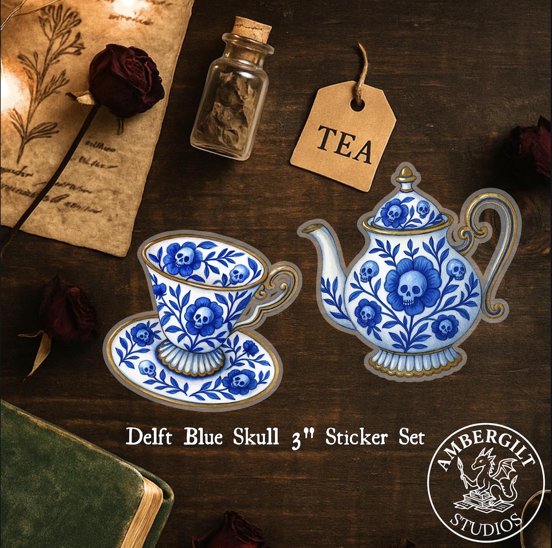 Delft Blue Skull Tea Stickers: Gothic Cottagecore Teacup & Teapot - Etsy