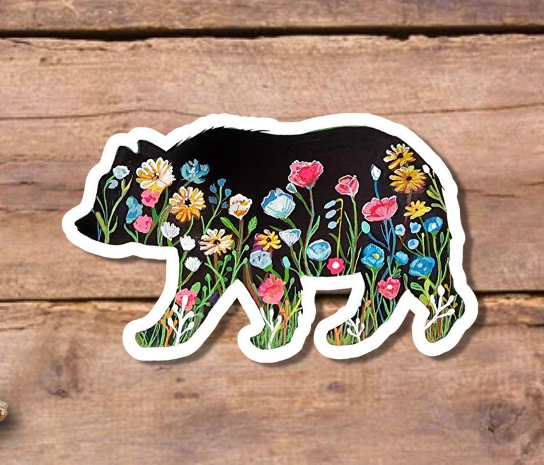 Floral Black Bear Sticker: Watercolor Wildflower Art, Waterproof Vinyl ...