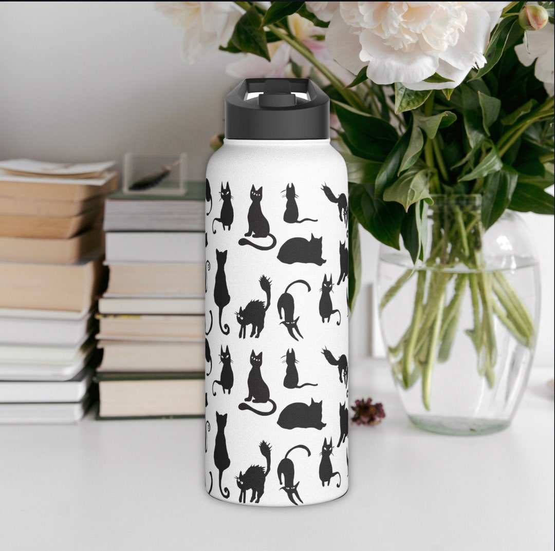Black Cat Water Bottle 13 Black Cats Water Bottle Sports Lid 32 Oz Stainless Water Bottle Witch ...