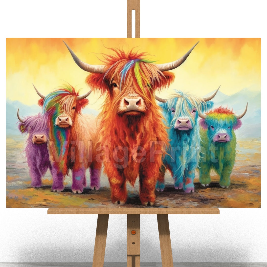 Colourful Scottish Highland Cow Framed Ready to Hang Canvas Print ...