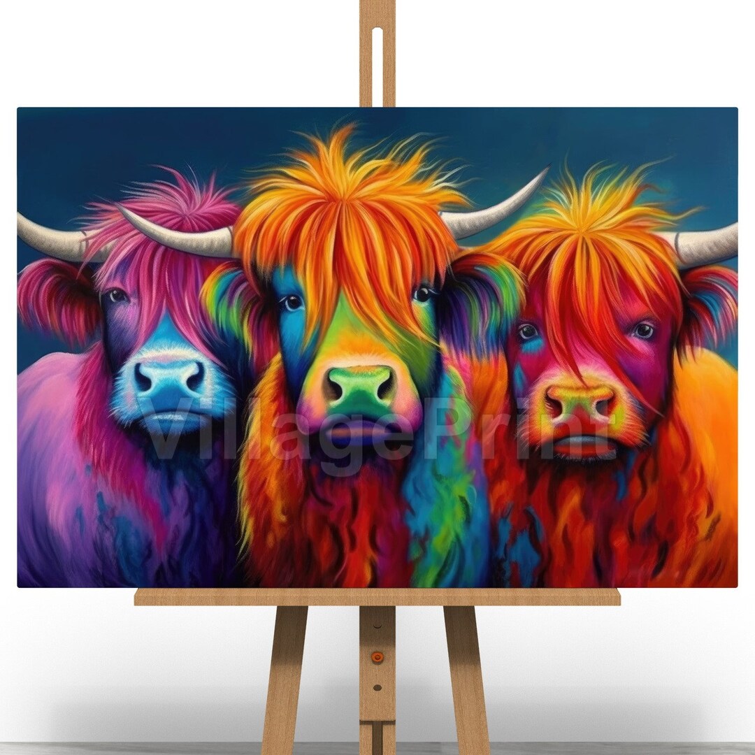 Colourful Scottish Highland Cow Framed Ready to Hang Canvas Print ...