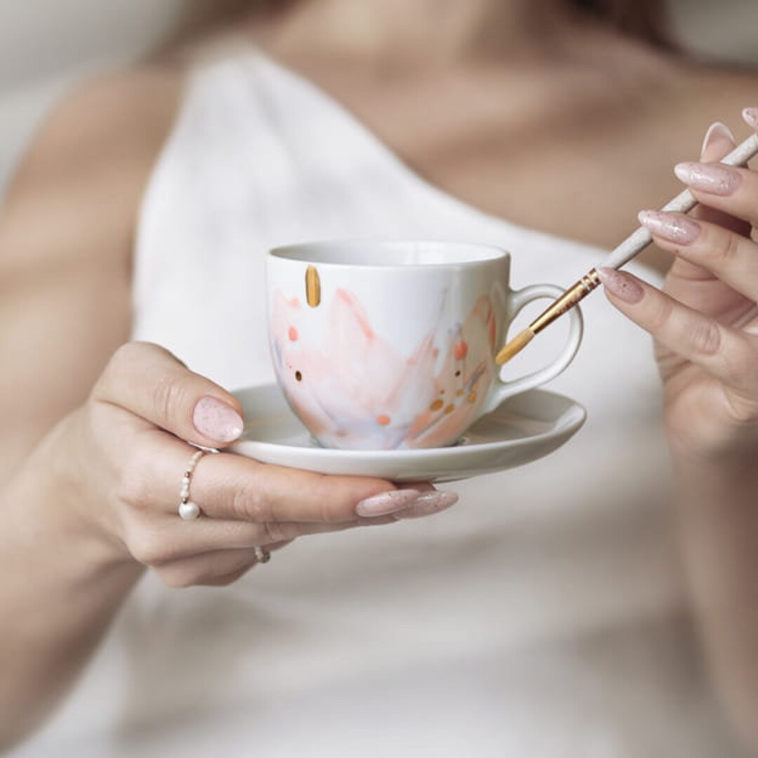 Cup 200 Ml - Pastel Slide With a Saucer - FLECKED WITH GOLD - Etsy