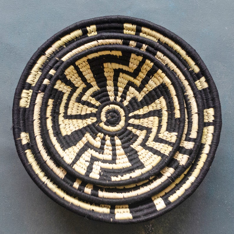 Black and Natural Sabai Grass Handwoven Baskets, Monochrome Plates, Set ...
