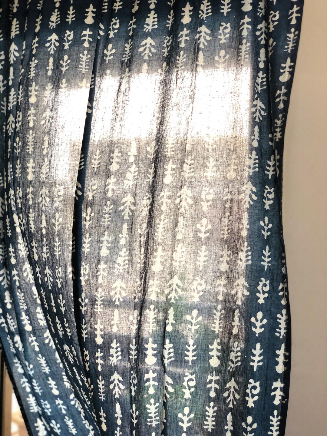 Indigo Floral Print Semi Sheer Curtains,cotton Curtains,sheer Panels ...