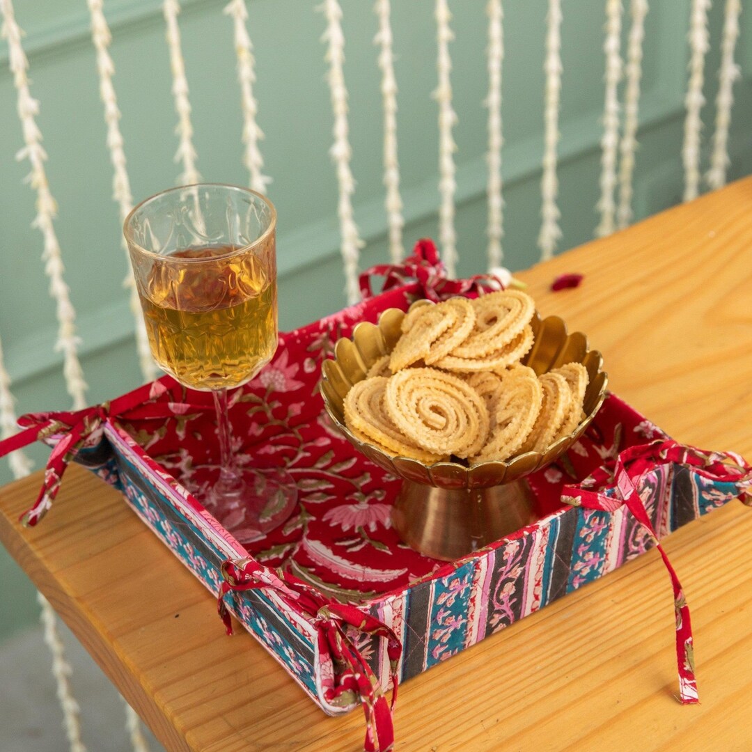 Red Floral Blockprinted Foldable Reversible Tray, Storage Box ...
