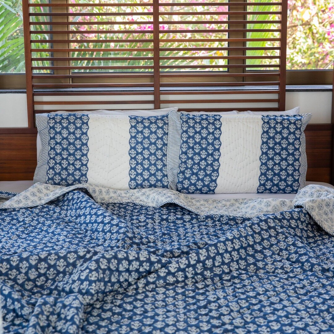 Indigo Harmony Reversible Kantha Stitch Quilt Set, Blue Patterned Quilts, Double Bed Quilt ...
