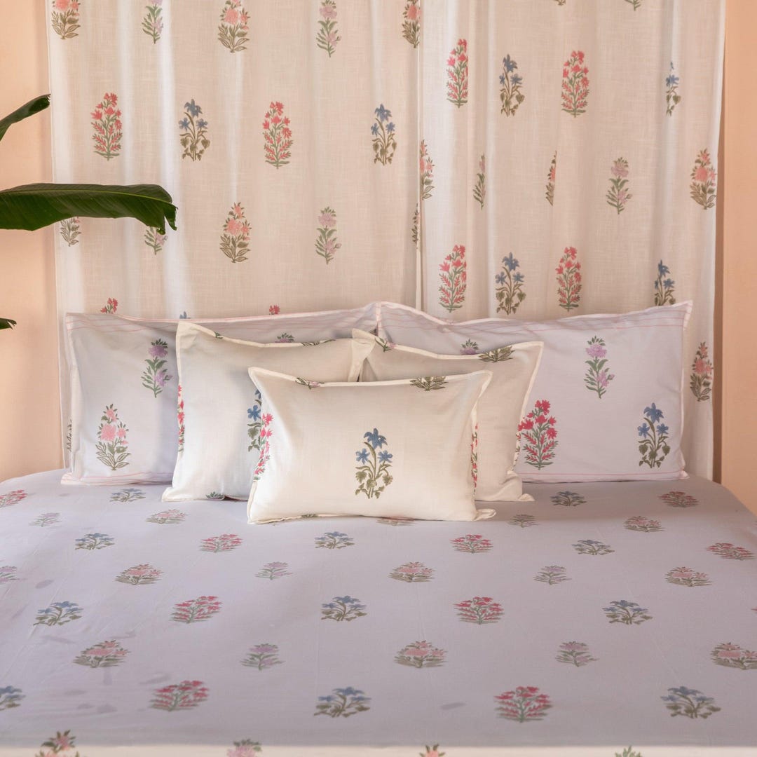 Pink & Green Multi Buti Noor Blockprint Double Bedsheet With Pillow ...