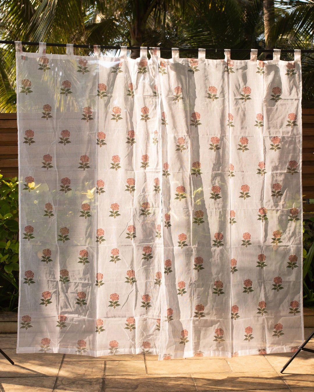 Kota Doria Handloom Rose Blockprint Curtains, Floral Curtains, Jaipuri ...