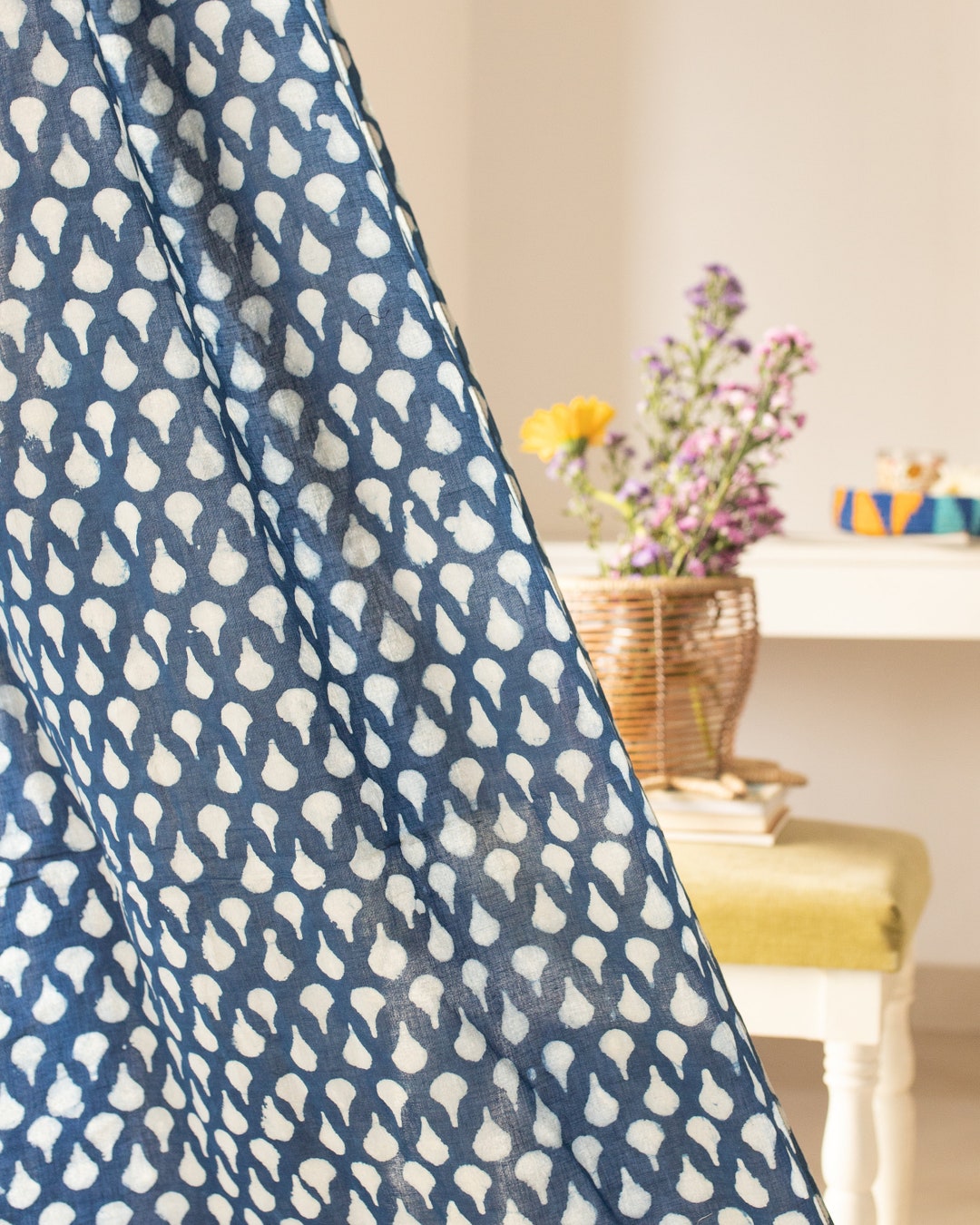 Indigo Tear Drop Print Semi Sheer Curtains, Cotton Curtains, Semi Sheer ...