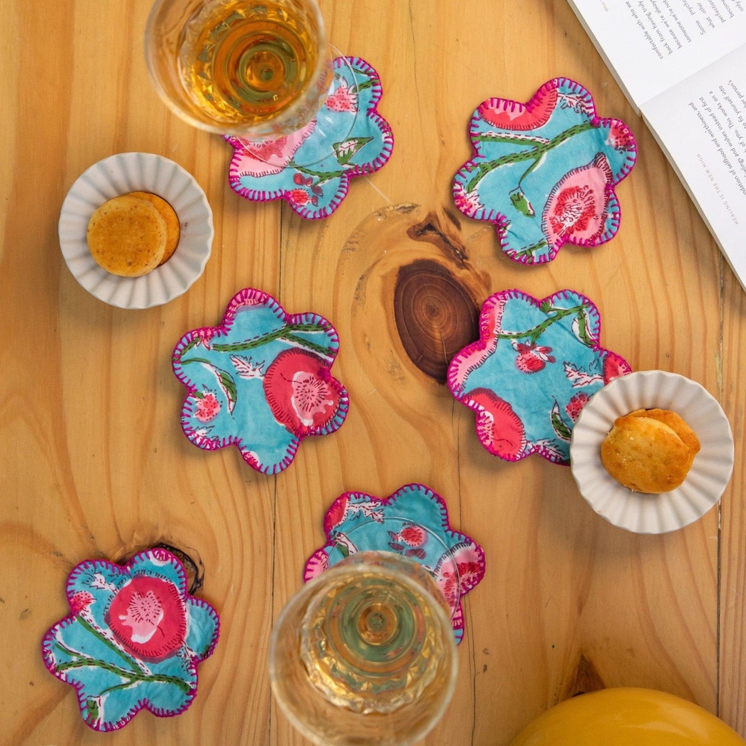 Aqua Flower Shape Coaster Set of 6, Drink Coaster, Handmade Coaster ...