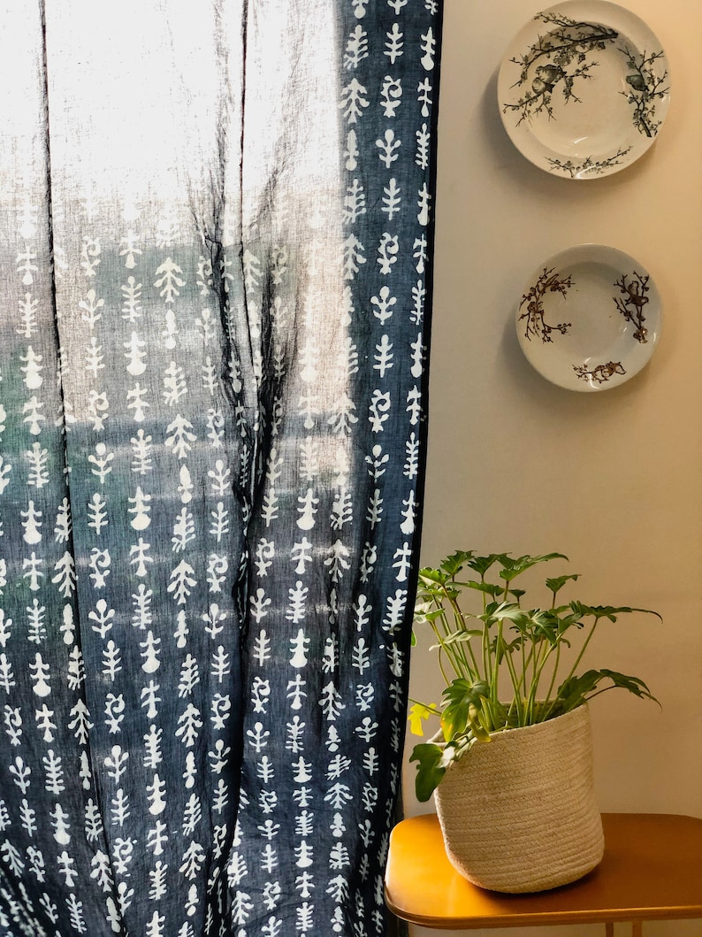 Indigo Floral Print Semi Sheer Curtains,cotton Curtains,sheer Panels ...