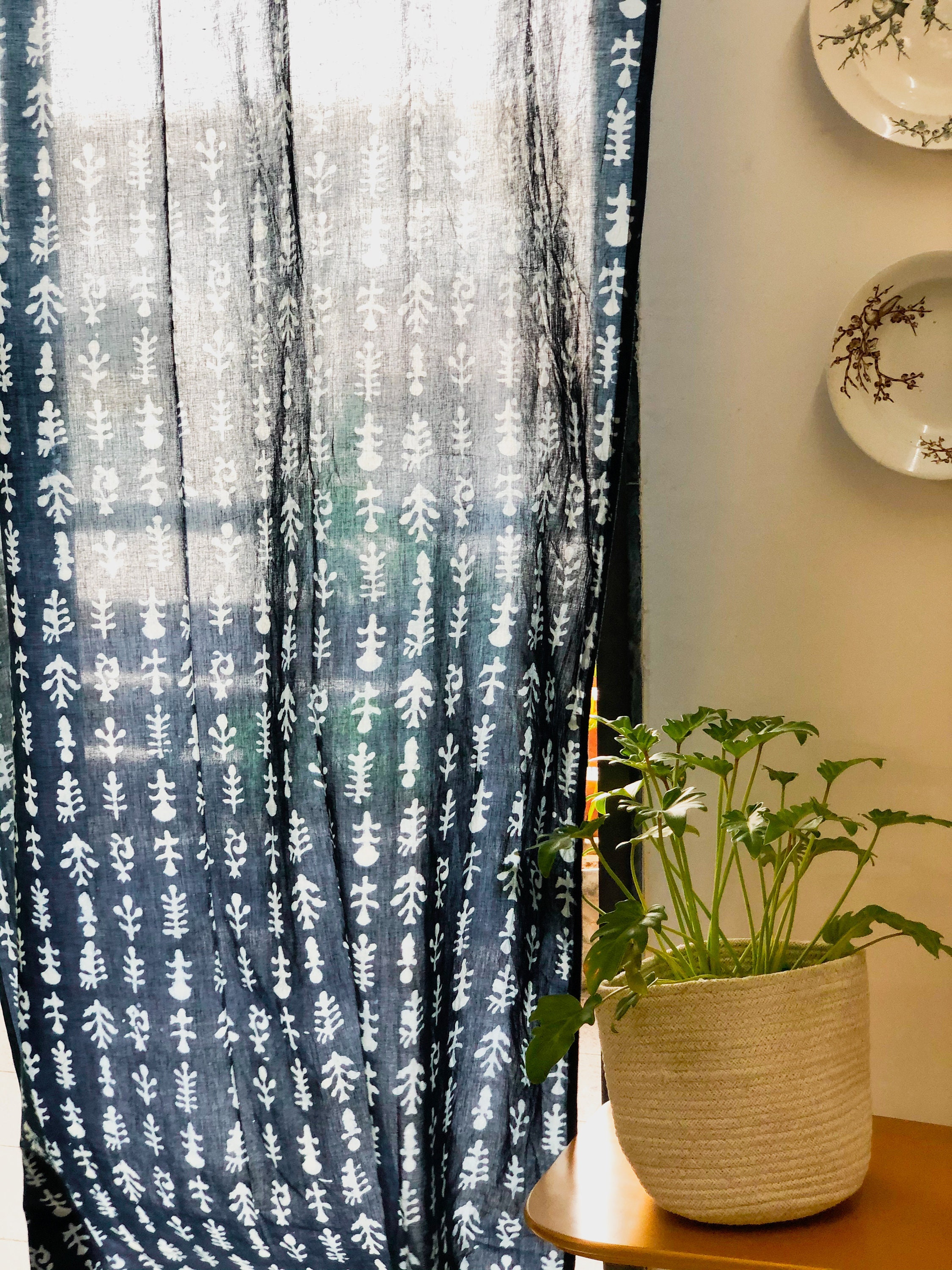 Indigo Floral Print Semi Sheer Curtains,cotton Curtains,sheer Panels ...