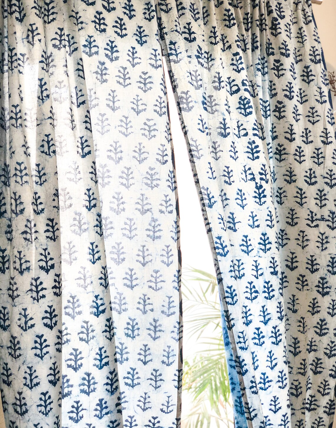 Indigo White Twig Semi Sheer Curtaincotton Curtainssheer - Etsy