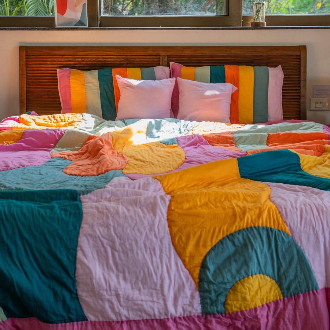 Color Burst Patchwork Handmade Quilt Set, Patchwork Quilt, Cotton ...