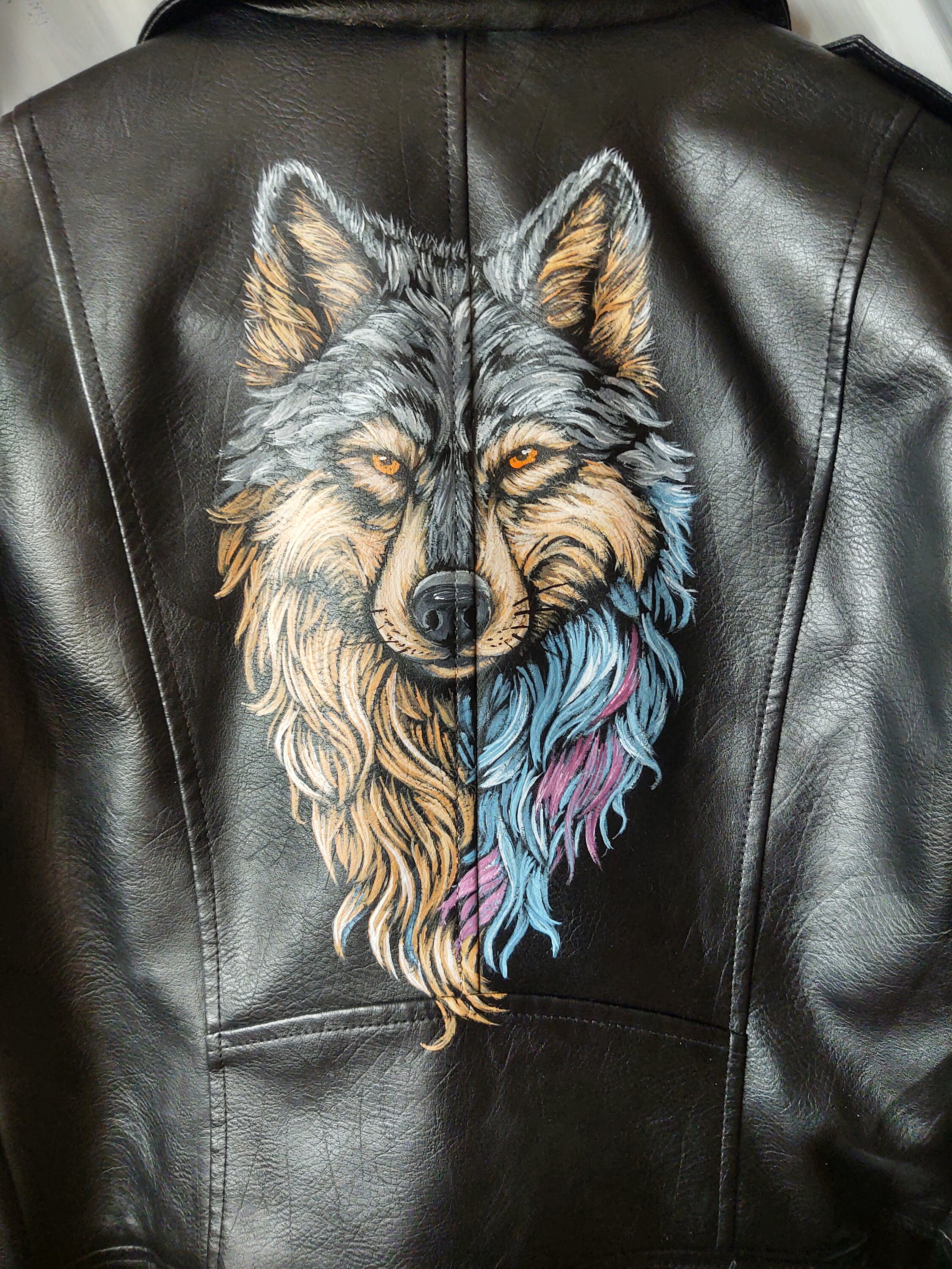 Jacket, Faux Leather Jacket, Custom, Biker Jacket, Women's, Wolf, Size ...