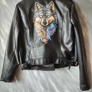 Jacket, Faux Leather Jacket, Custom, Women's, Wolf, Black, Jacket ...