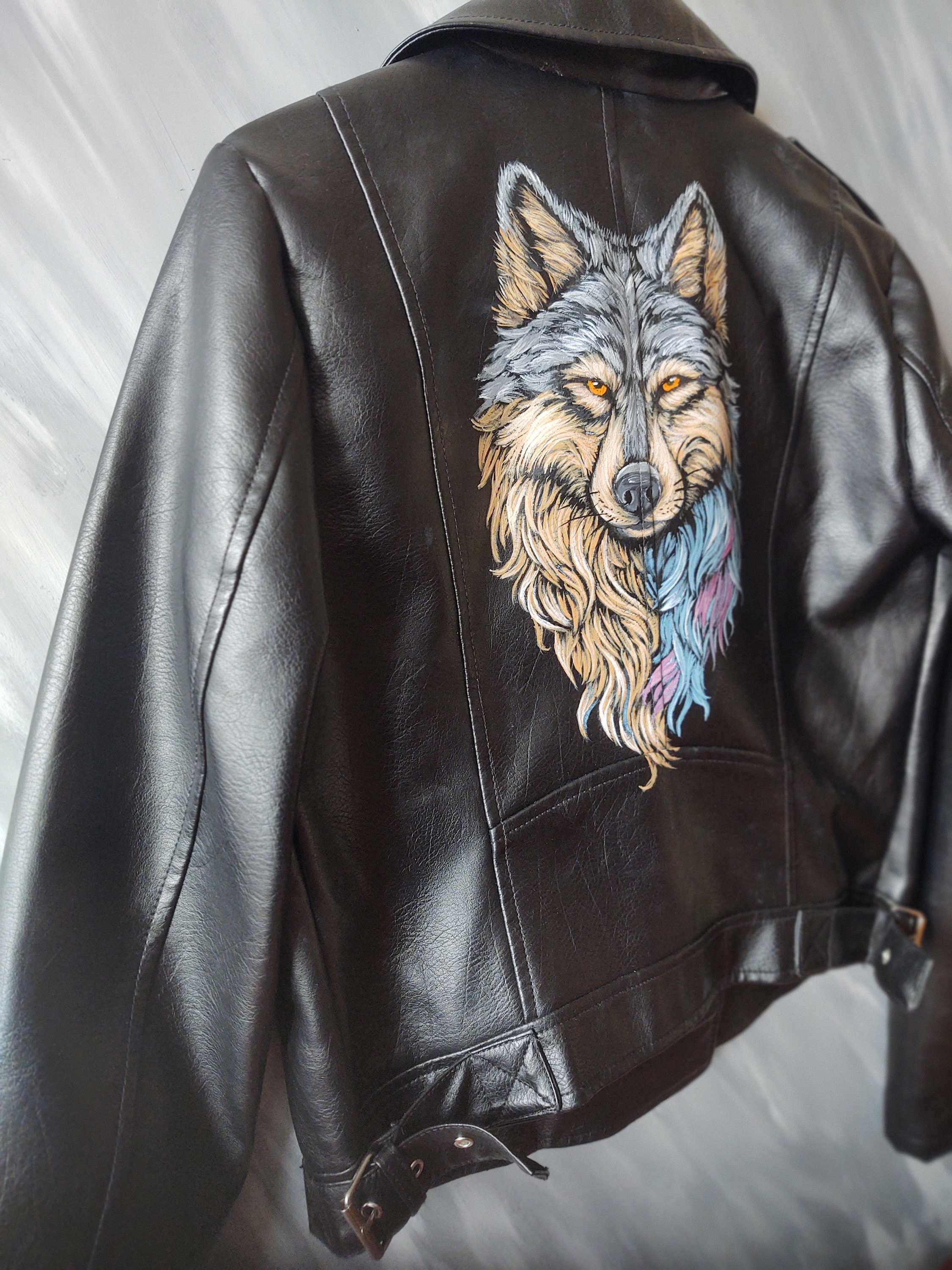 Jacket, Faux Leather Jacket, Custom, Biker Jacket, Women's, Wolf, Size ...