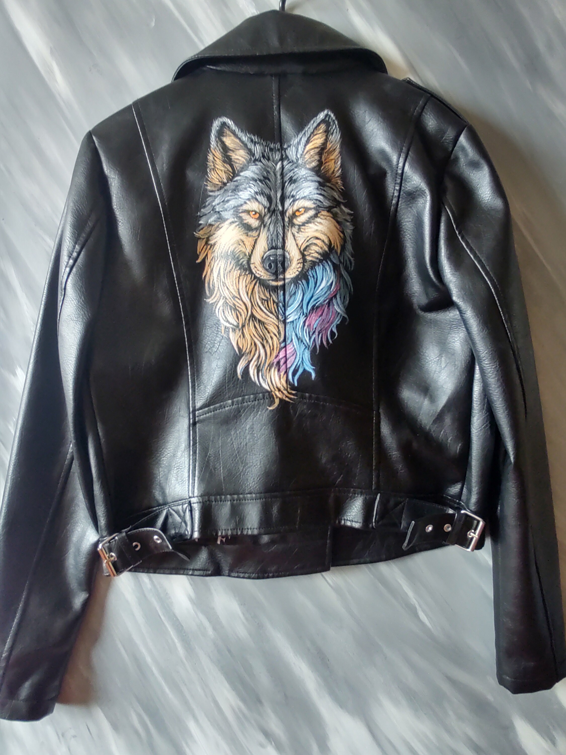 Jacket, Faux Leather Jacket, Custom, Biker Jacket, Women's, Wolf, Size ...